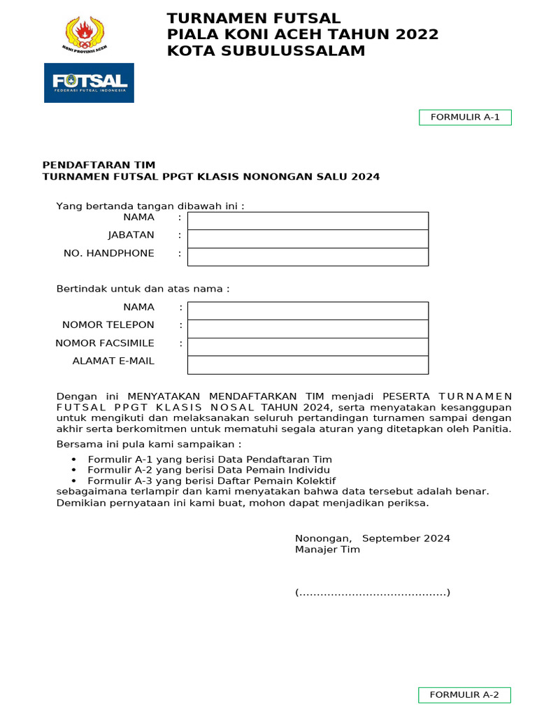 Form Pendaftaran Atlit Futsal | PDF