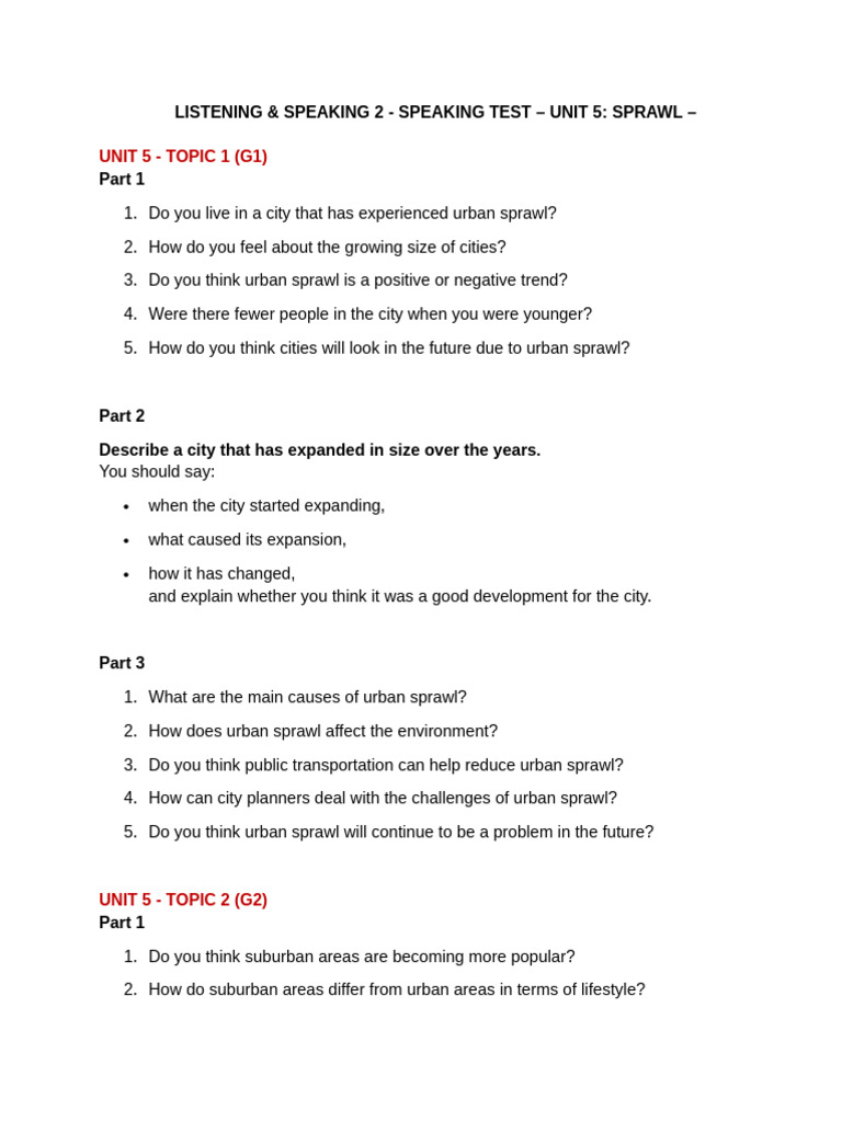 IELTS Speaking Test: Urban Sprawl Topics | PDF | Urban Sprawl | Economy ...