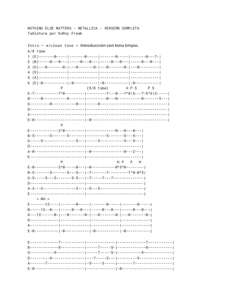 Tablatura Completa de "Nothing Else Matters" | PDF | Acorde (Música ...
