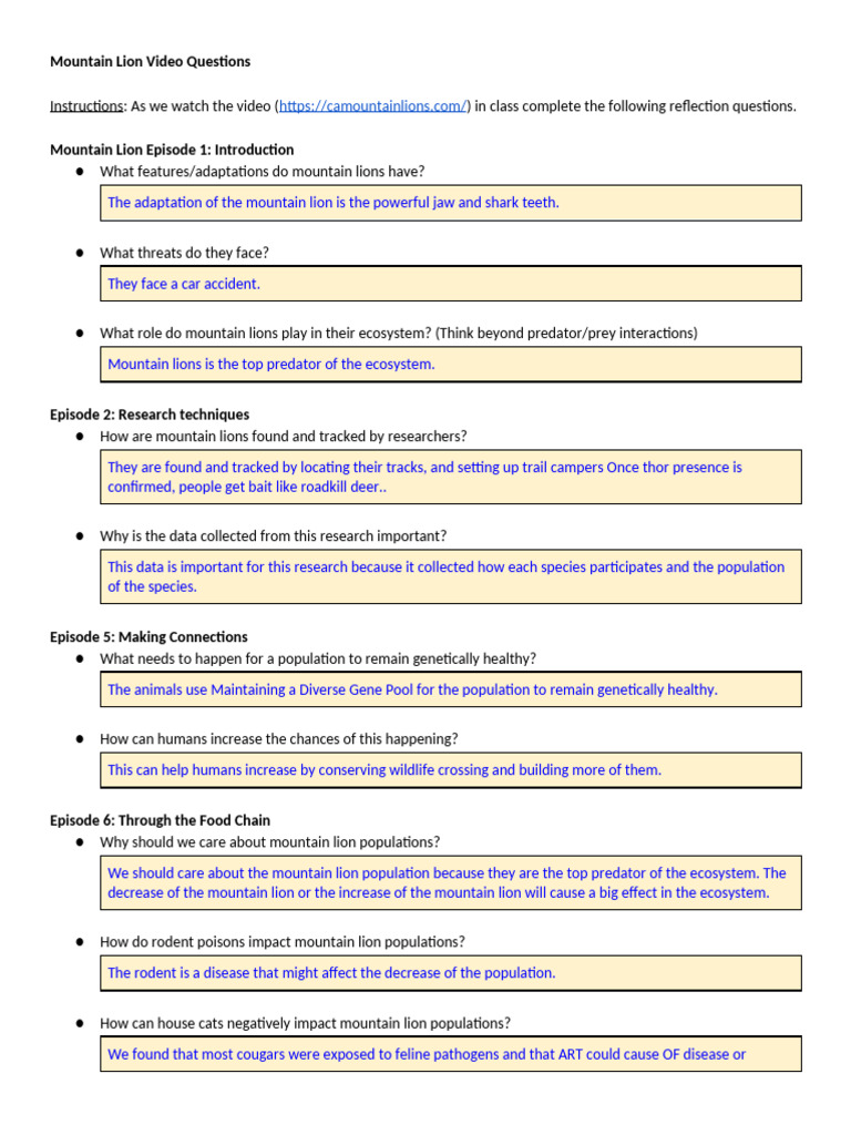 Mountain Lion Video Questions | PDF | Cougar | Lion