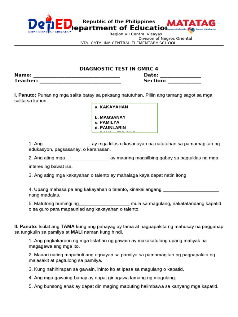 GMRC 4 - Diagnostic Test | PDF
