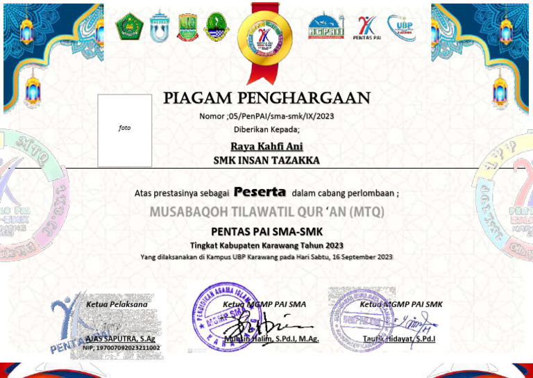 Contoh - Piagam Penghargaan | PDF