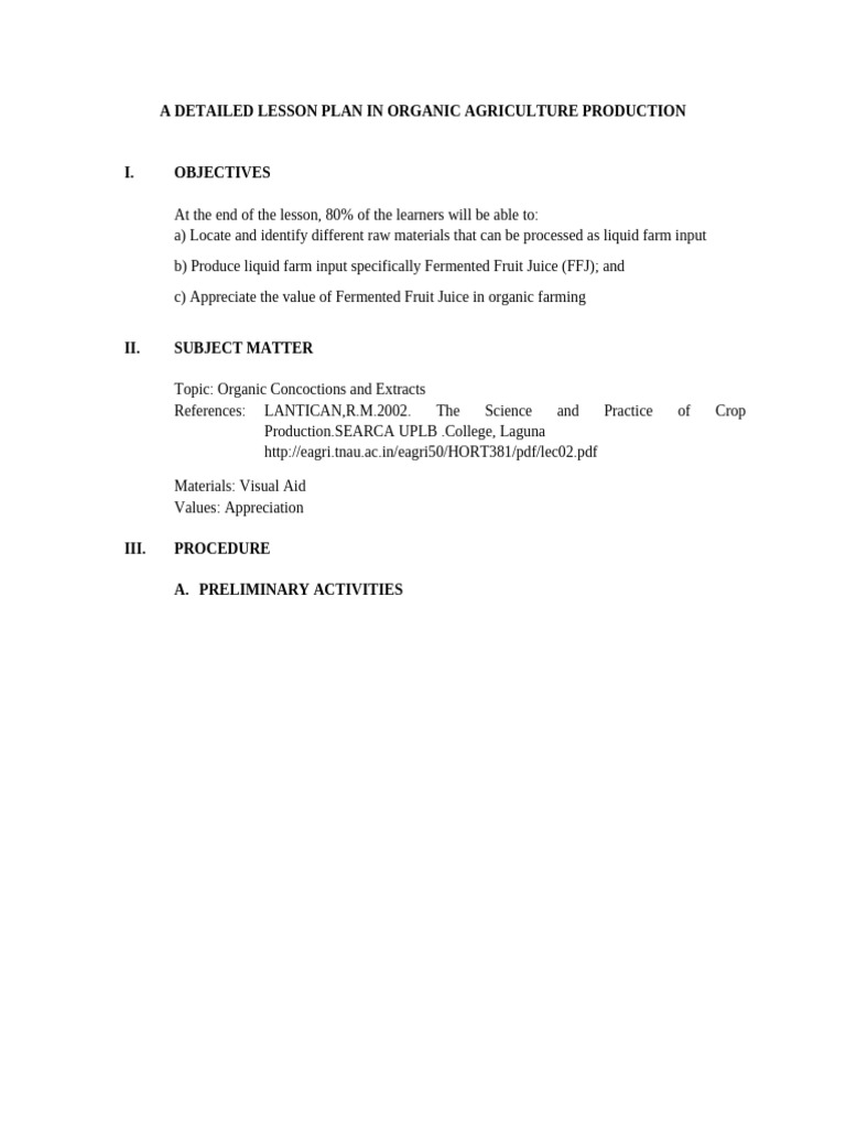 A Detailed Lesson Plan in Organic Agriculture Production | PDF