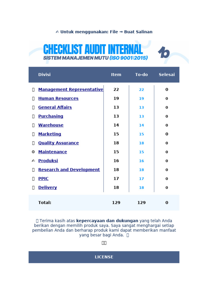 Checklist - Audit Internal Sistem Manajemen Mutu | PDF