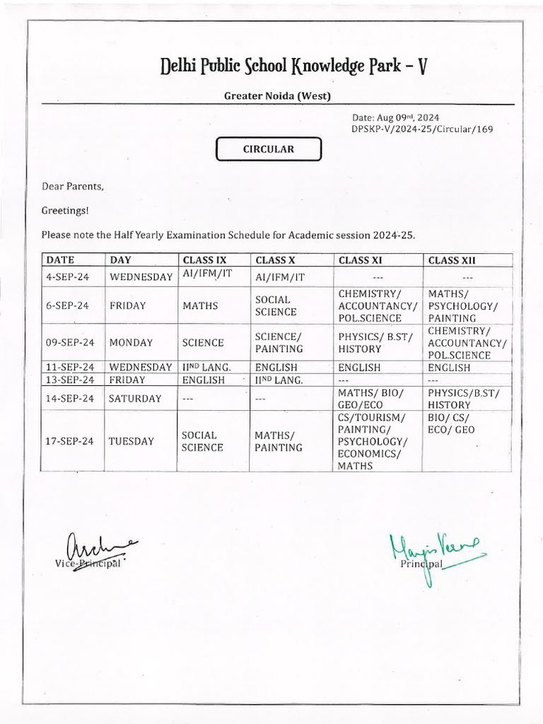 Class 9th Half Yearly Datesheet | PDF