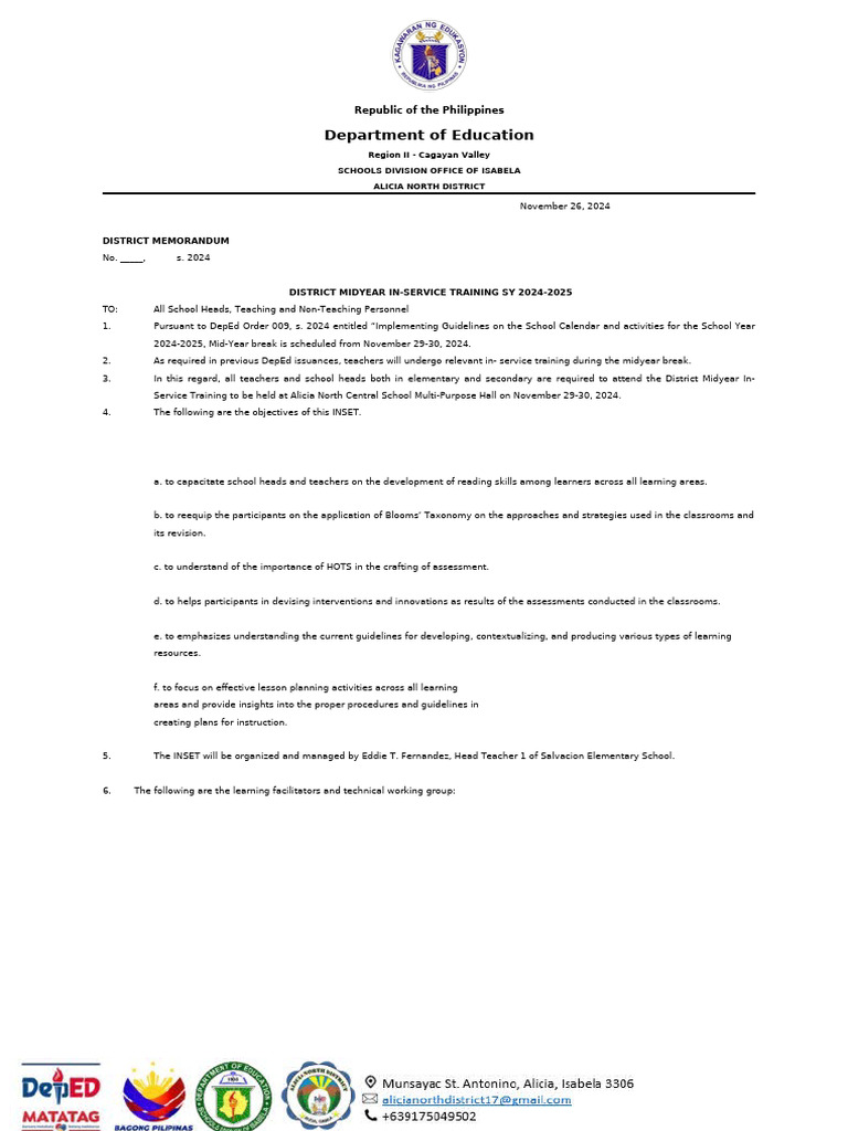 Inset-Memo-Sy 2024-2025 | PDF | Teachers | Teaching