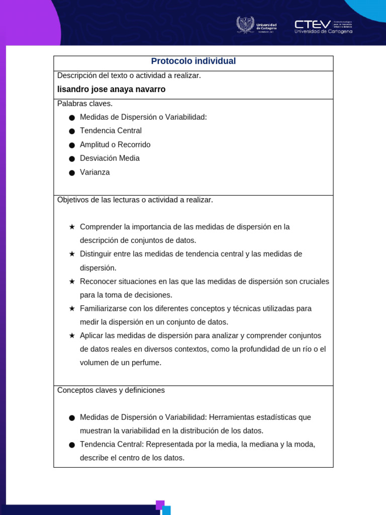 PLANTILLA PROTOCOLO INDIVIDUAL UND 4 | PDF | Diferencia | Cuantil