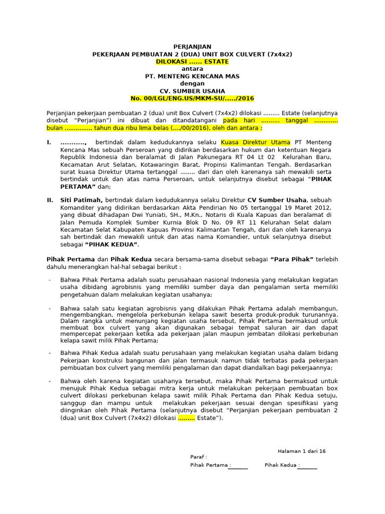 Perjanjian pekerjaan pembuatan 2 unit box Culvert 7x4x2 KTE PT MKM - CV Sumber Usaha | PDF