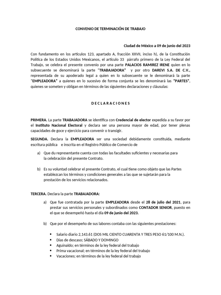 Convenio de Terminación Laboral 2023 | PDF | Gobierno