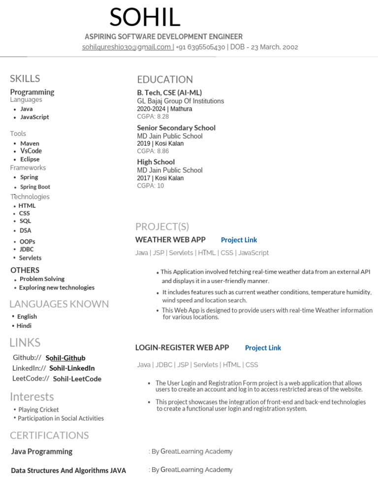 Sohil Resume | PDF | Web Application | Java (Programming Language)