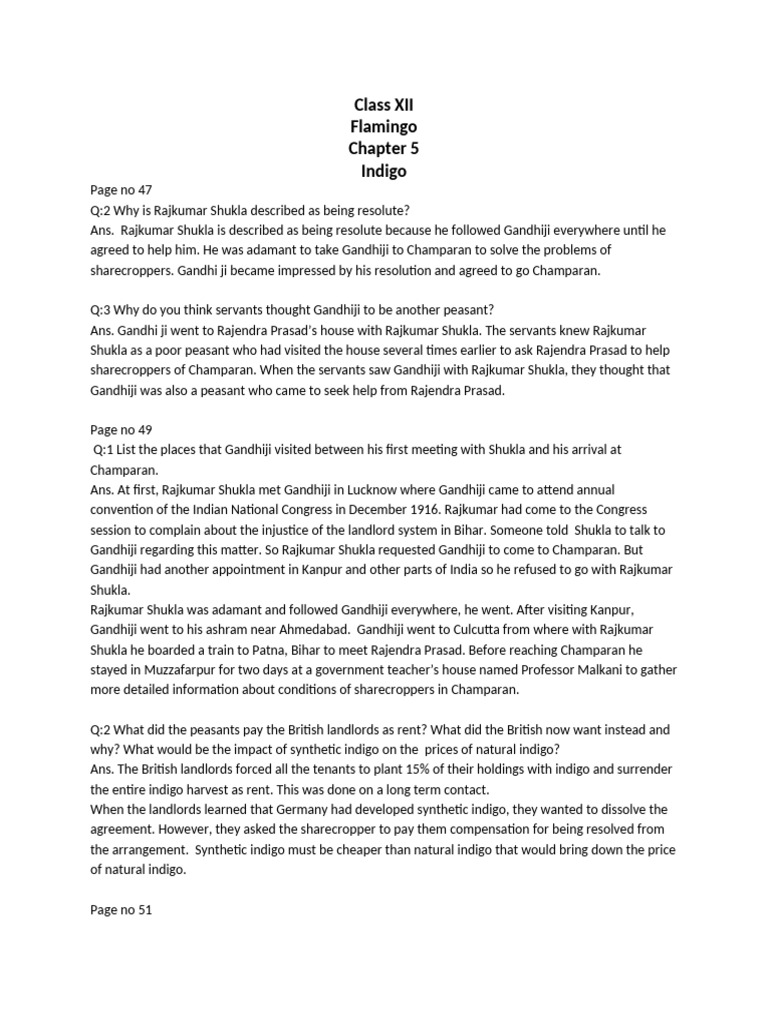 Class XII: Indigo Chapter Analysis | PDF | Mahatma Gandhi