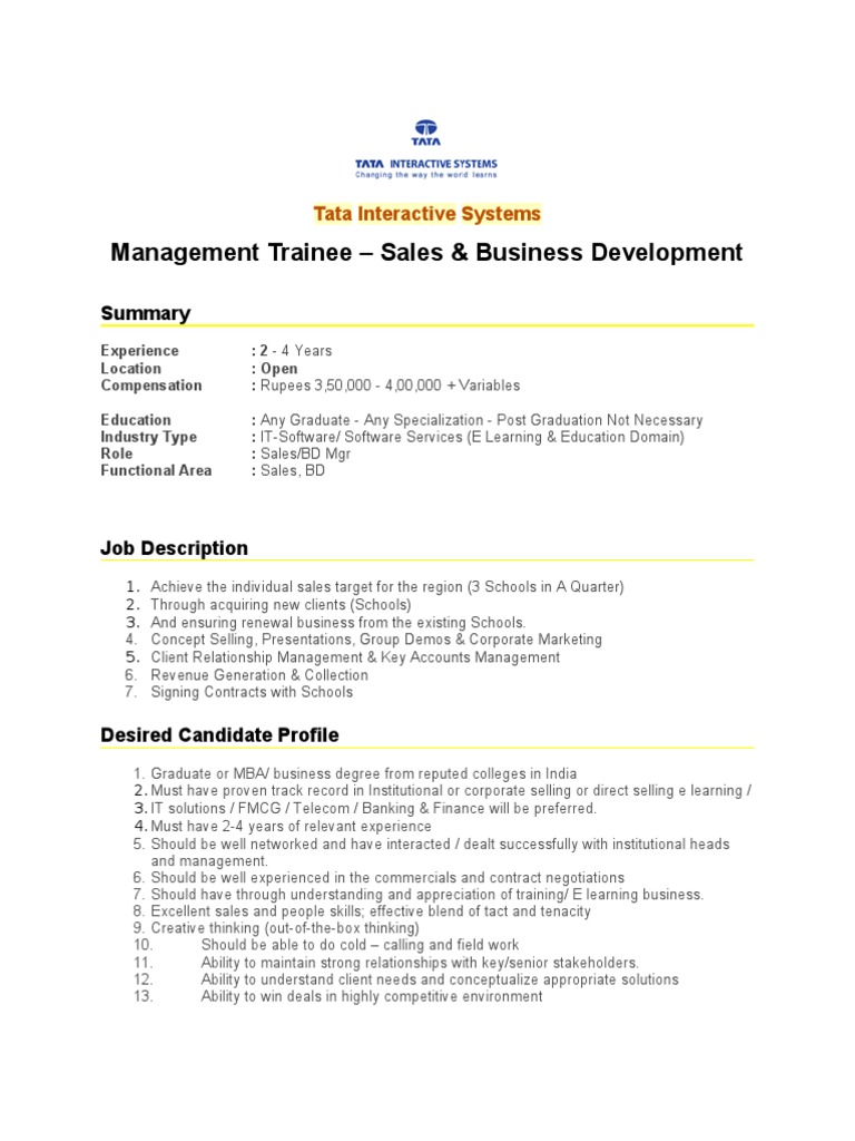 Management Trainee - Tata Interactive Systems | PDF | Sales ...