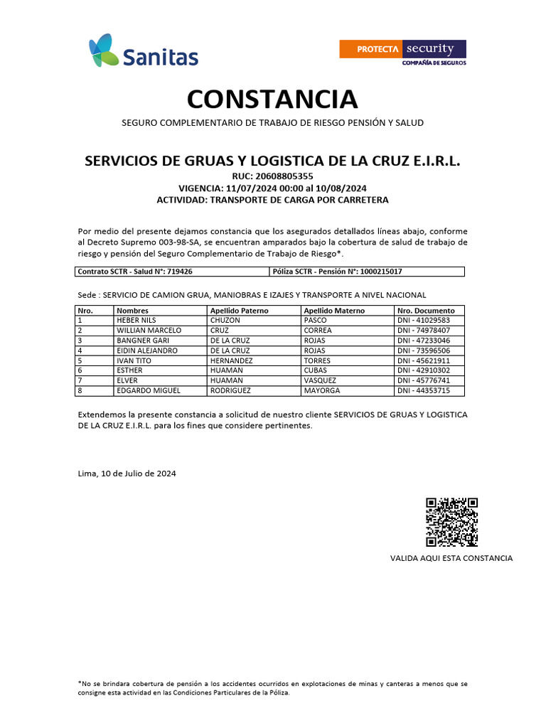 SCTR Constancia - 2024-07-10T154142.508 | PDF | Póliza de seguros | Seguro