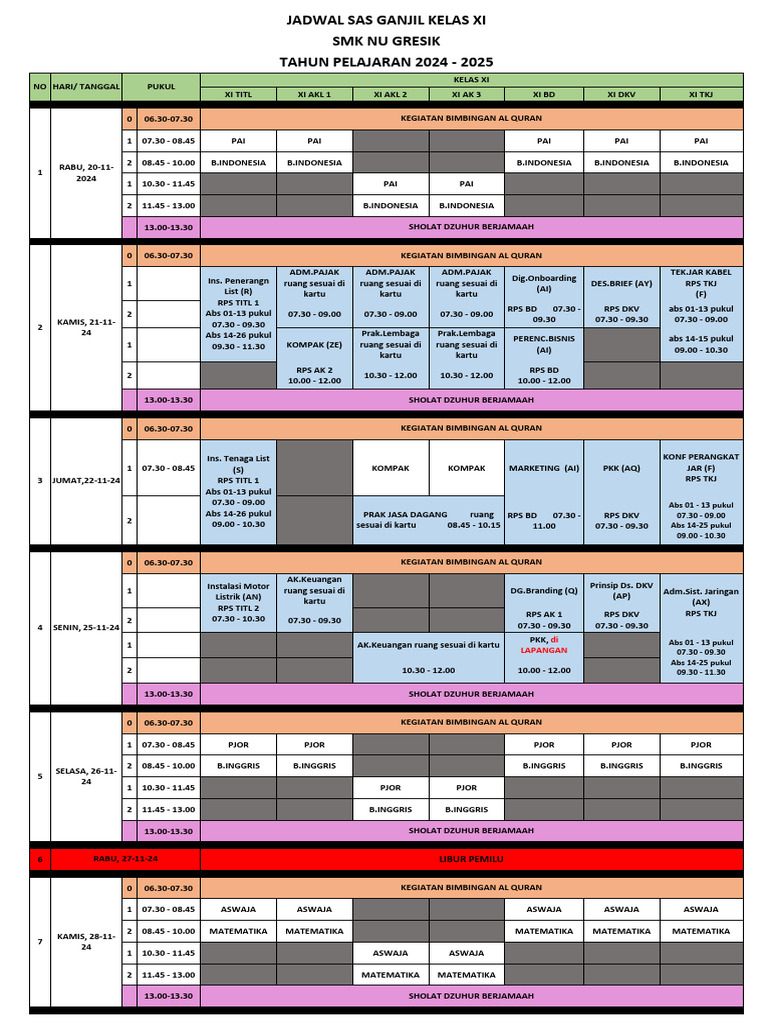 JADWAL SAS GANJIL KELAS XI TAHUN 2024 - 2025 | PDF
