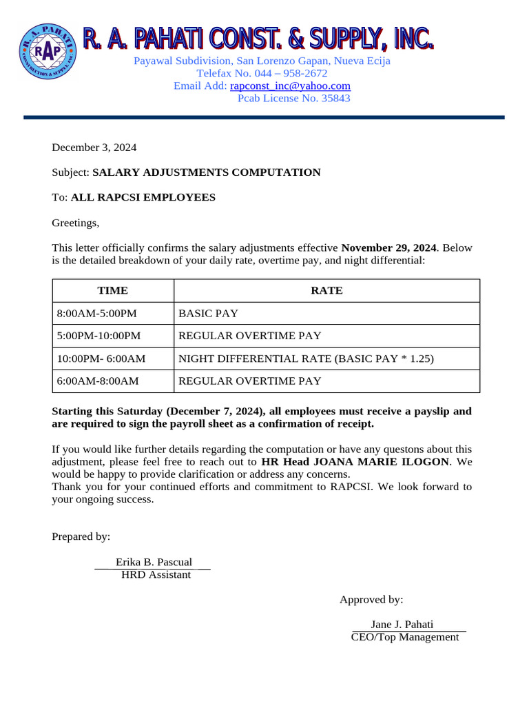 Salary Adjustment Memo - RAP (1) | PDF