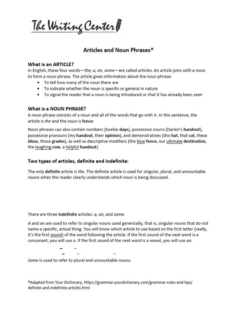 WC Handouts Articles Noun Phrases | PDF