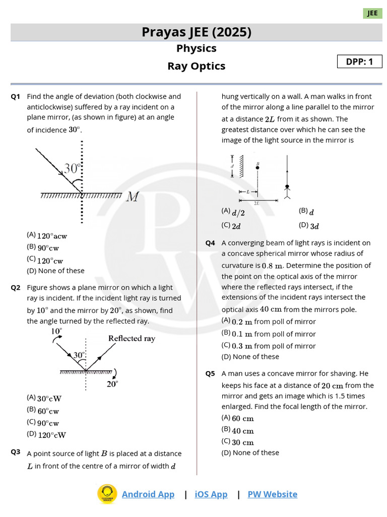 Ray Optics DPP 01 (Of Lec 06) Prayas JEE 2025 | PDF | Mirror | Atomic