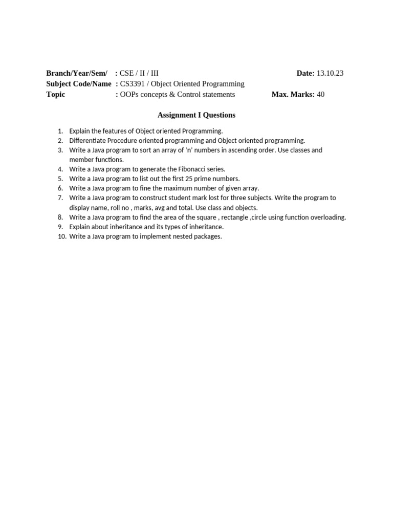 OOPs Assignment 1 Questions | PDF