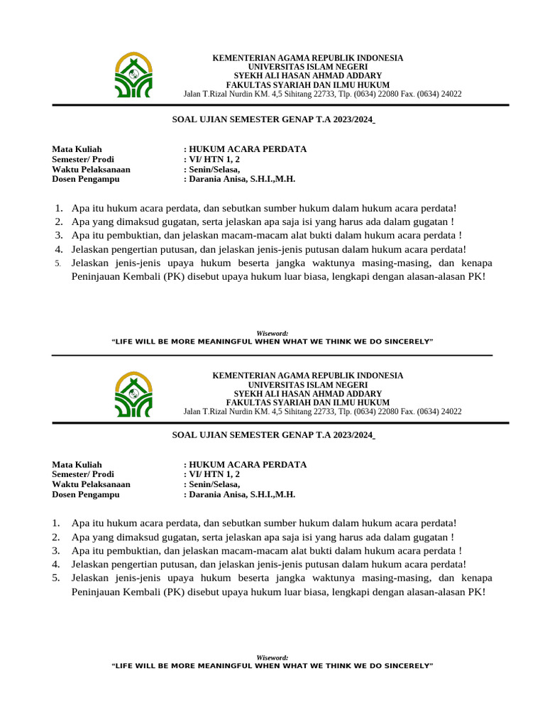 Soal UAS Hukum Acara Perdata | PDF