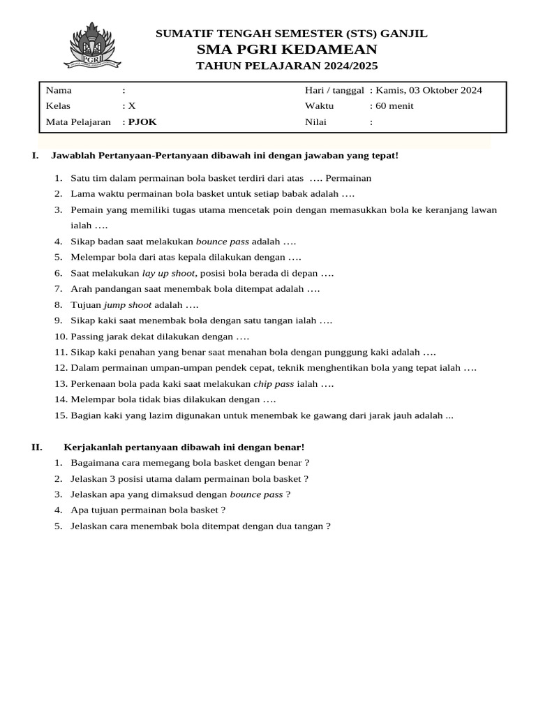 Pjok Pts Kls x Ganjil 2024-2025 | PDF