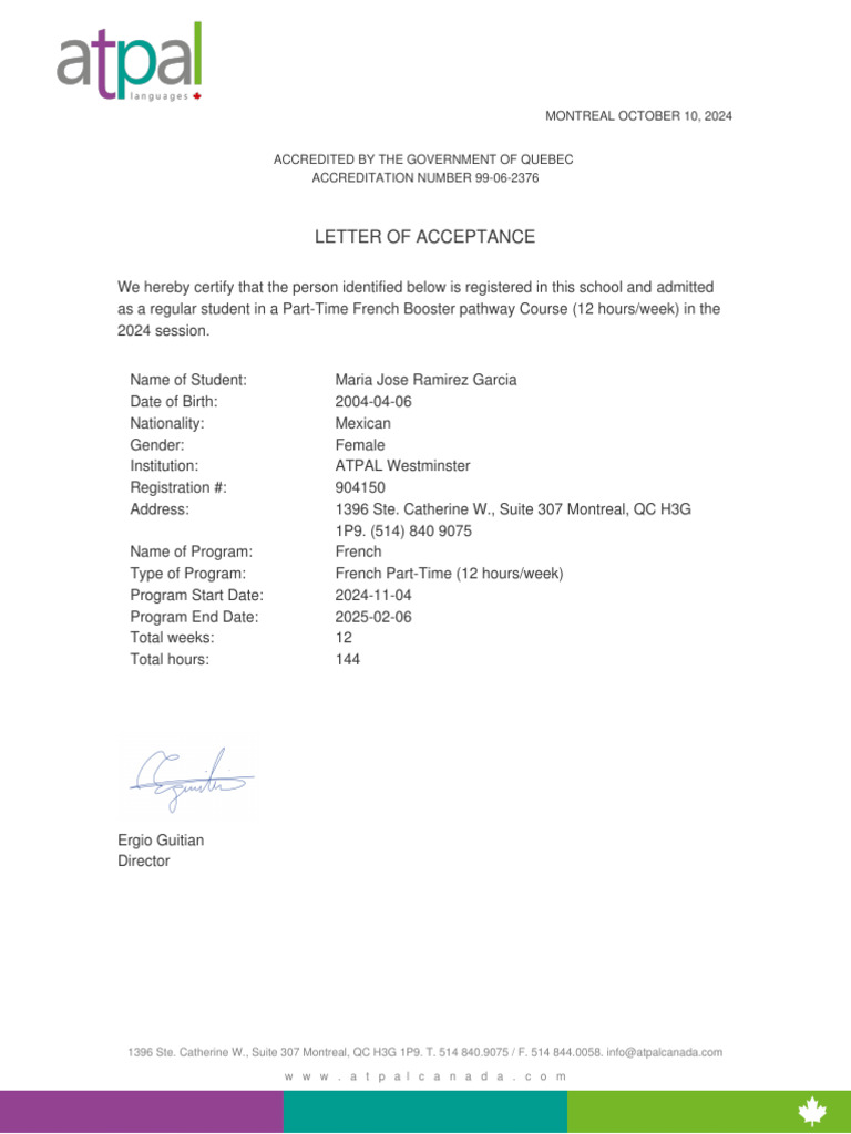 Quebec French Course Acceptance Letter | PDF
