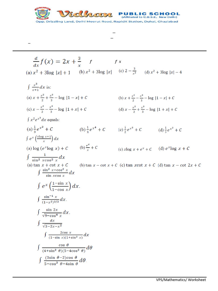 Class XII Mathematics Integrals Worksheet | PDF