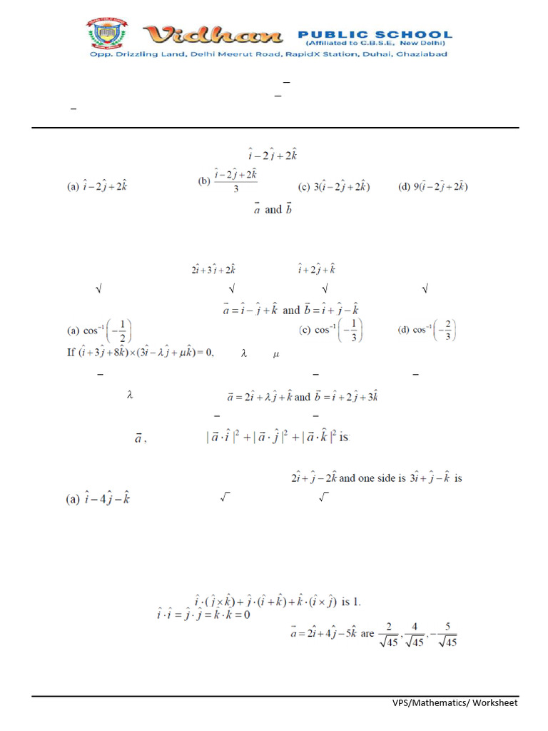 Class XII Vector Algebra Worksheet | PDF | Euclidean Vector ...