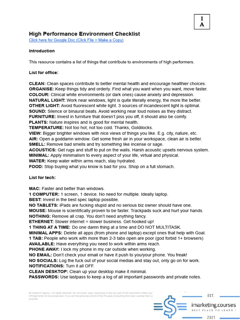 High Performance Workspace Checklist | PDF | Laptop | Computing