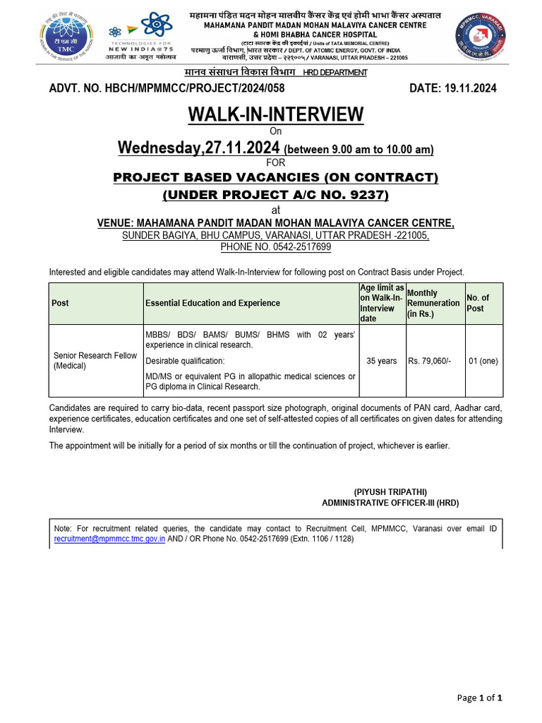 Walk-In Interview for SRF at MPMMCC | PDF | Medical Education