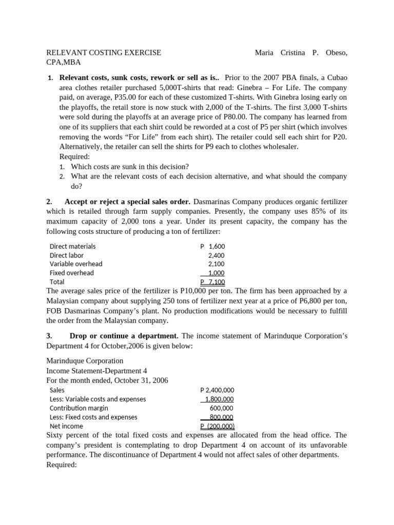 Relevant Costing Exercise Formatted | PDF | Depreciation | Financial ...