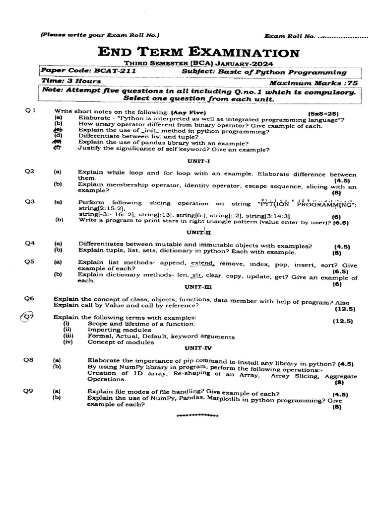 Bca 3 Sem Basic of Python Programming Bcat 211 Jan 2024 | PDF