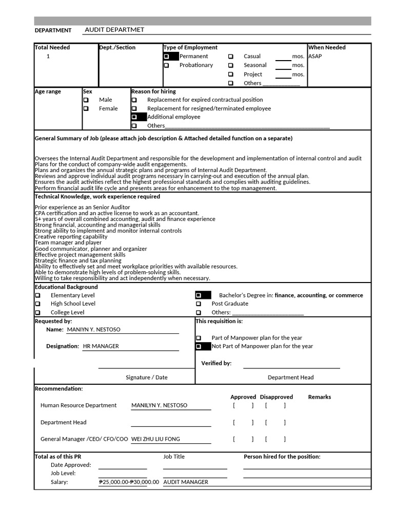 Ad-Hrs-F01 Manpower Requesition Form | PDF | Human Resources | Audit