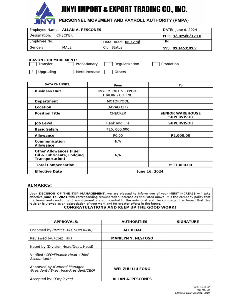 Ad-Hrs-F02 Pmpa Notification | PDF | Employment | Salary