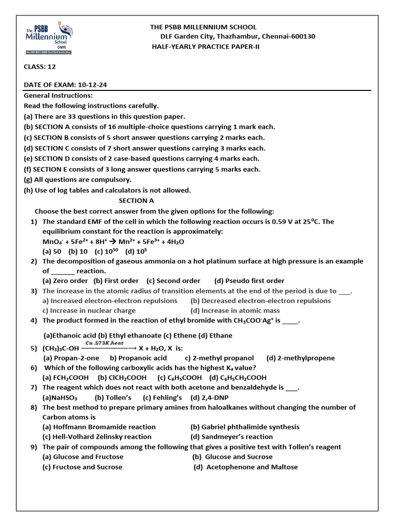 CHEMISTRY CLASS 12 HALF-YEARLY PRACTICE PAPER-II | PDF | Electrochemistry | Coordination Complex