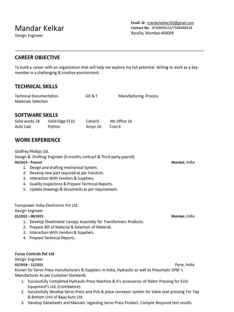 Resume mandar kelkar | PDF | Computer Aided Design | Engineering