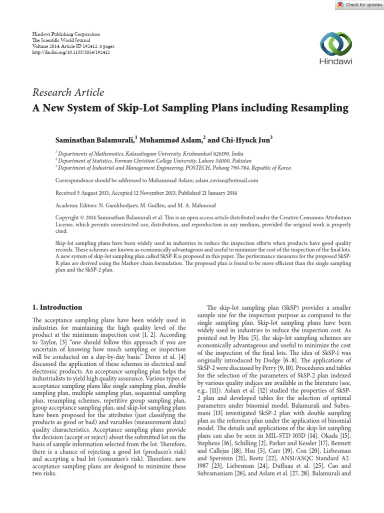 The Scientific World Journal - 2014 - Balamurali - A New System of Skip Lot Sampling Plans ...