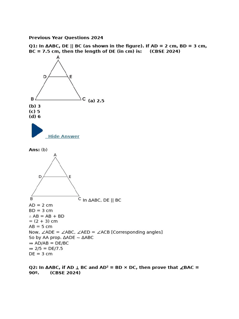CH 7 Triangles PYQ 2017 - 2024 | PDF | Triangle | Euclid