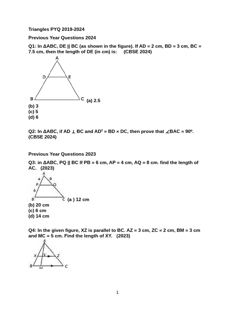 Ch 6 Triangles PYQ 2019-2024 | PDF | Elementary Mathematics | Elementary Geometry