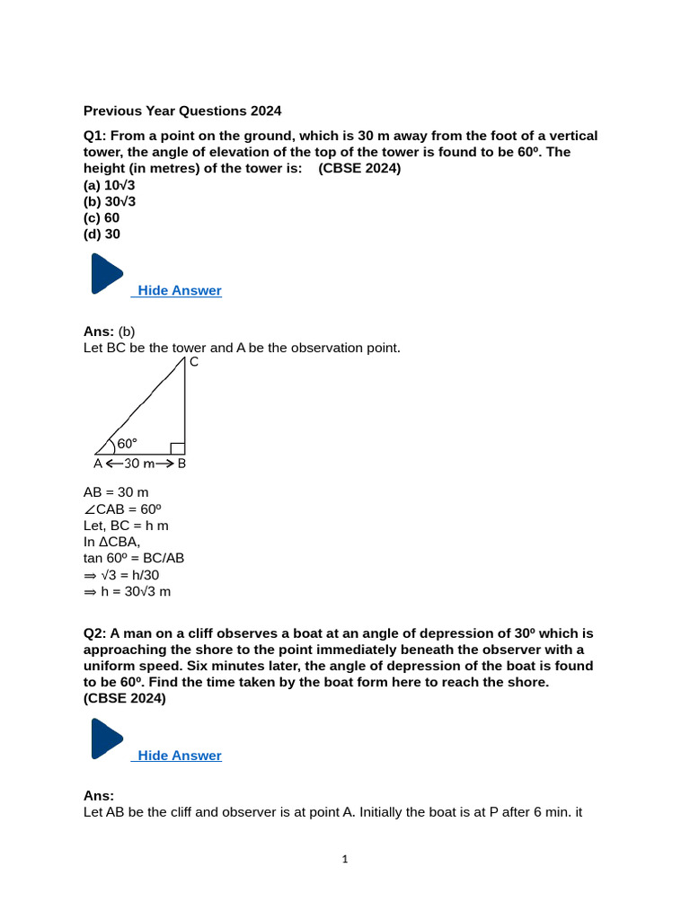 Ch 9 Application of Trigonometry PYQ 2017-2024 | PDF | Kite | Lighthouse Ch 9 Application of Trigonometry PYQ 2017-2024 | PDF | Kite | Lighthouse