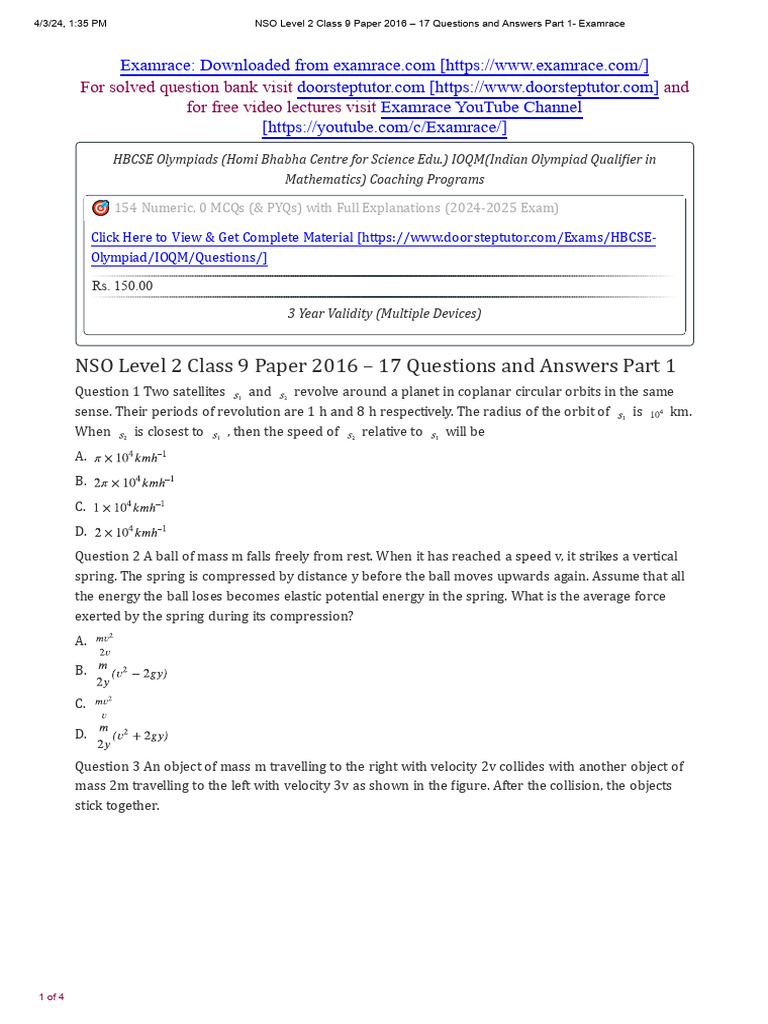 NSO Level 2 Class 9 Paper 2016 17 Part 1 | PDF | Force | Orbit
