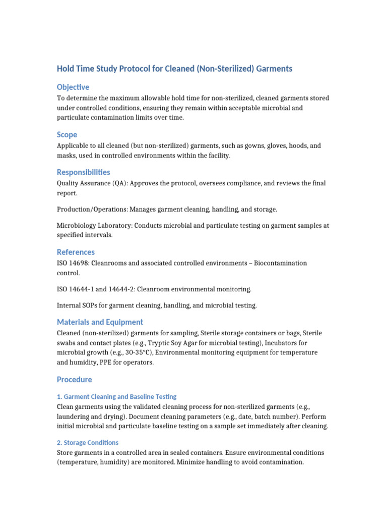 Hold Time Study Protocol For Cleaned Non Sterilized Garments | PDF