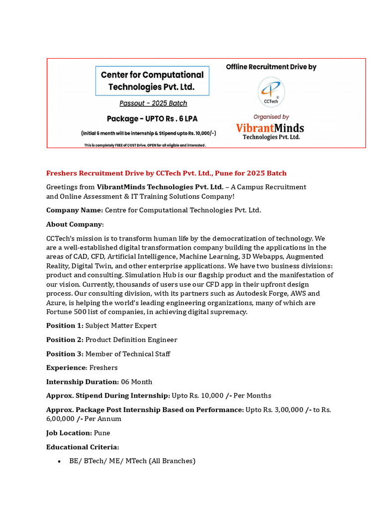 CCTech Freshers Recruitment Drive 2025 | PDF | Software Prototyping ...