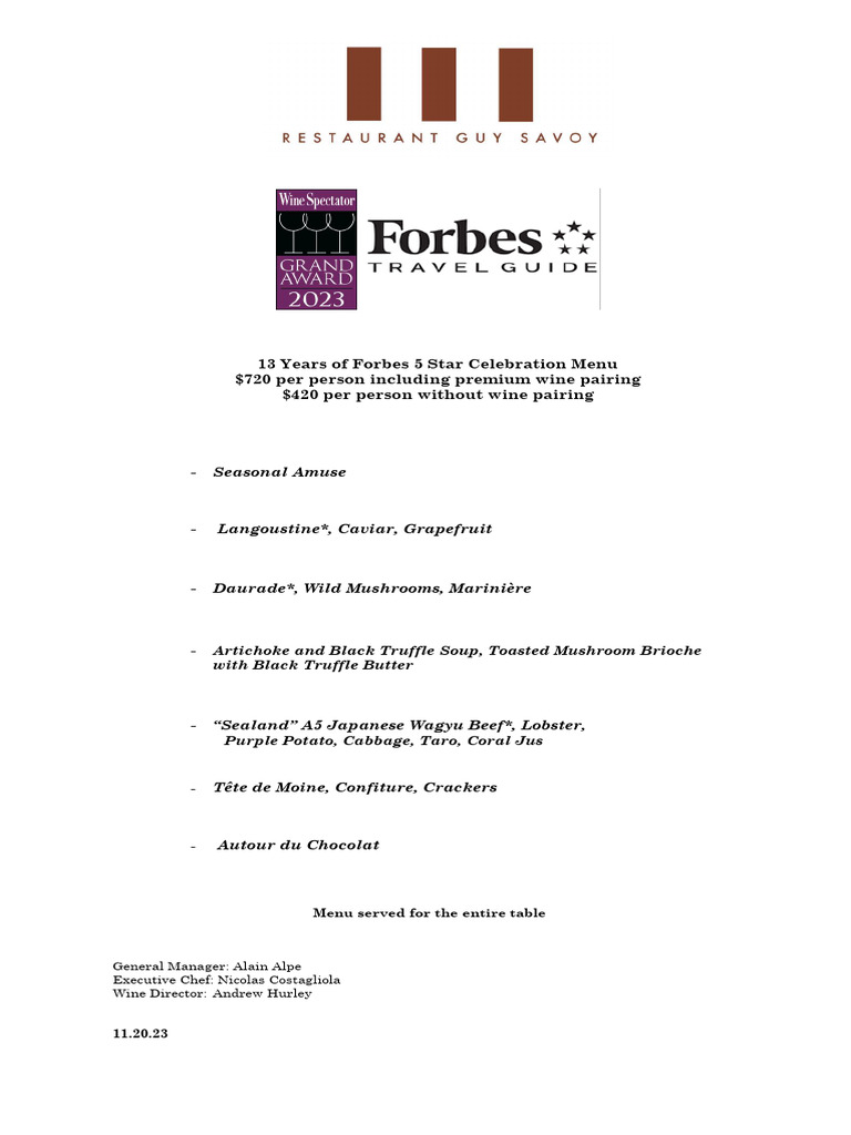 Forbes 5-Star Celebration Menu 2023 | PDF