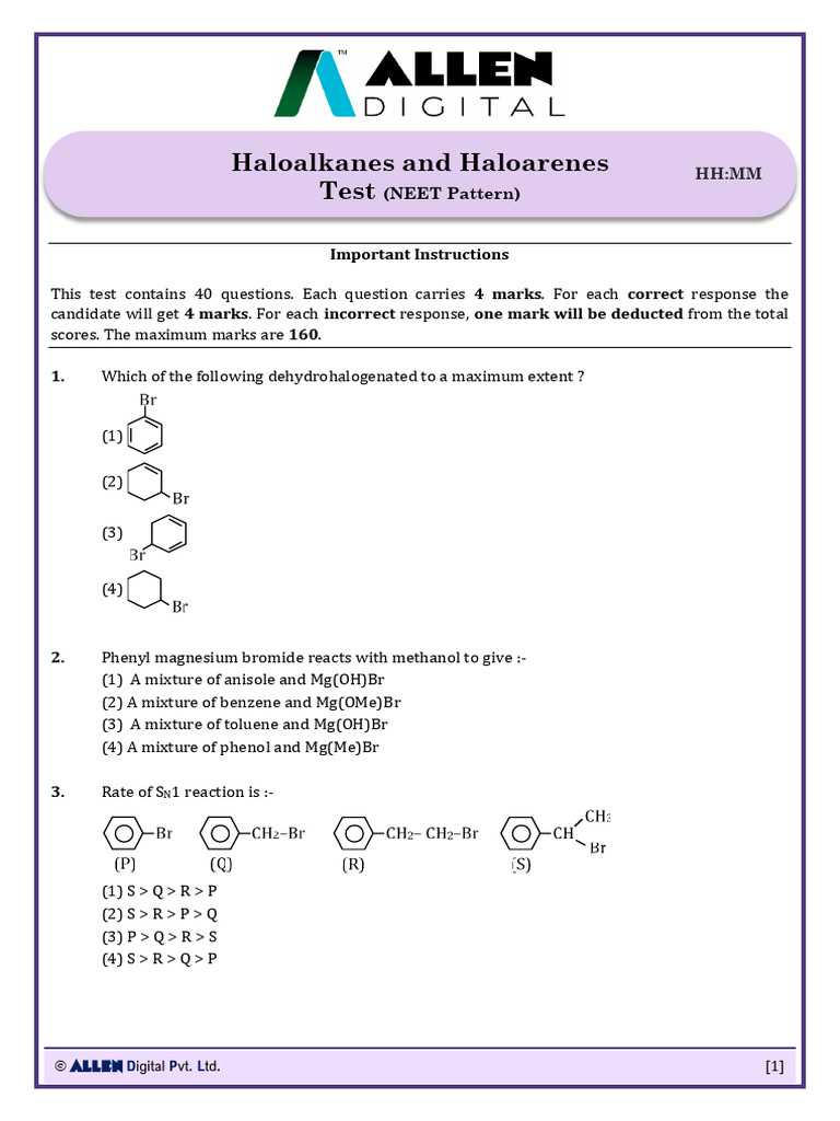 3. Haloalkanes and Haloarenes Exercise 1 and 2 | PDF | Chemical Reactions | Organic Chemistry