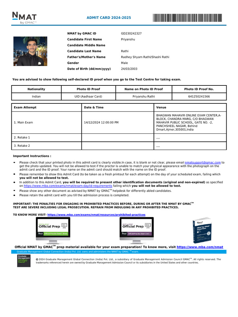 Admit - Card - GD230242327 NMAT | PDF | Authentication | Access Control