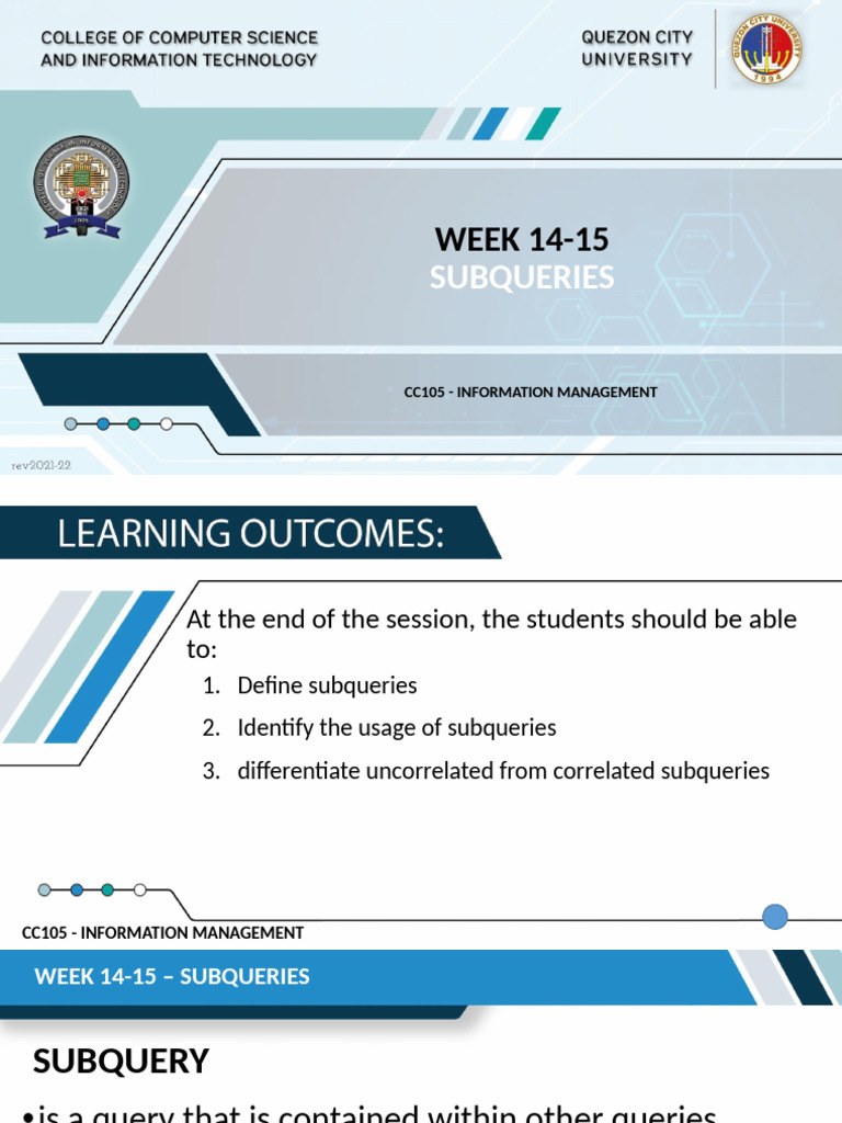Cc105-Week-14-15 Subqueries | PDF | Data Management | Databases