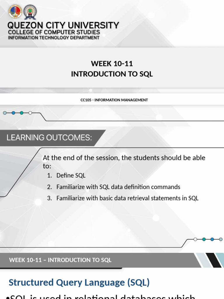CC105 Week10 11 Introduction To SQL | PDF | Sql | Databases