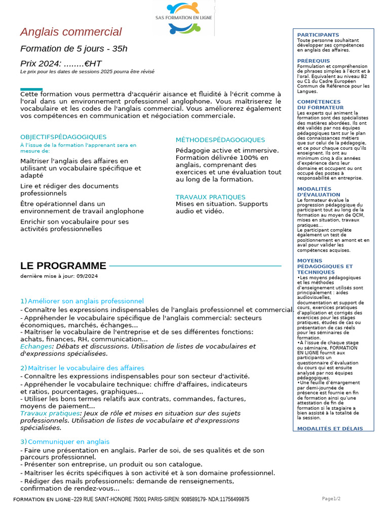 Formation en Anglais Commercial 35h | PDF | Pédagogie | Langue anglaise