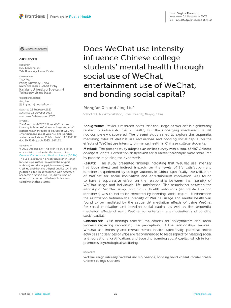 Does WeChat use intensity influence Chinese college students' mental health through social use ...