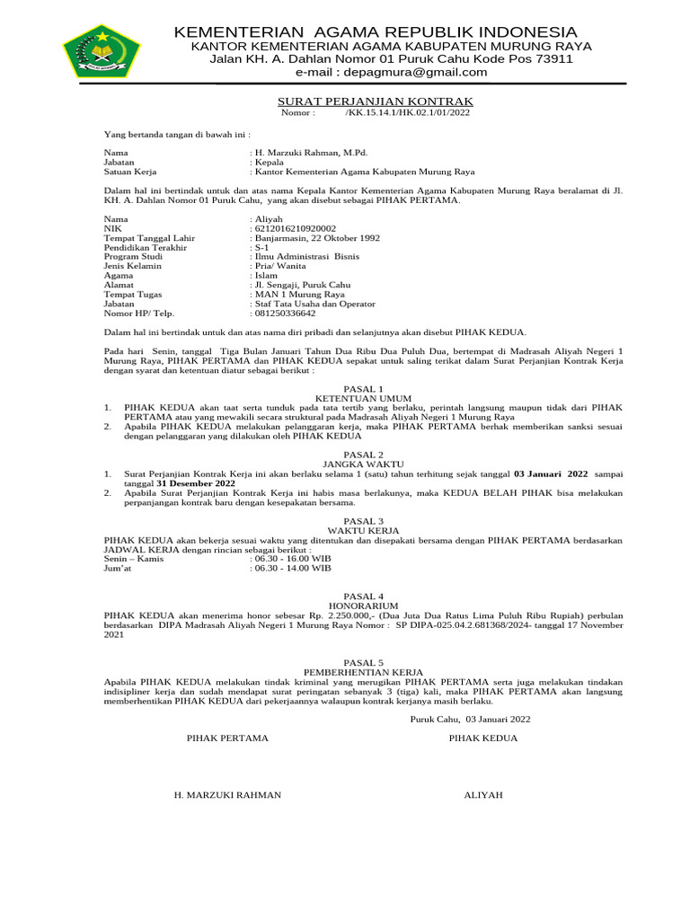 Contoh Kontrak Kerja MAN 1 Murung Raya | PDF